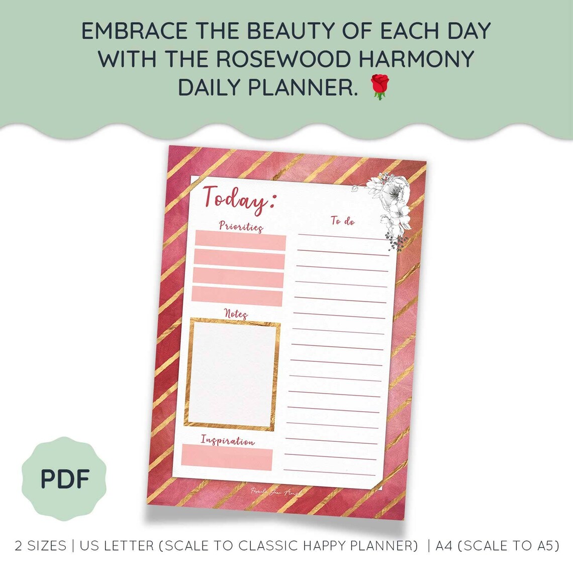 Rosewood Harmony Daily Planner Printable Planner for Creative Professionals Stylish ...