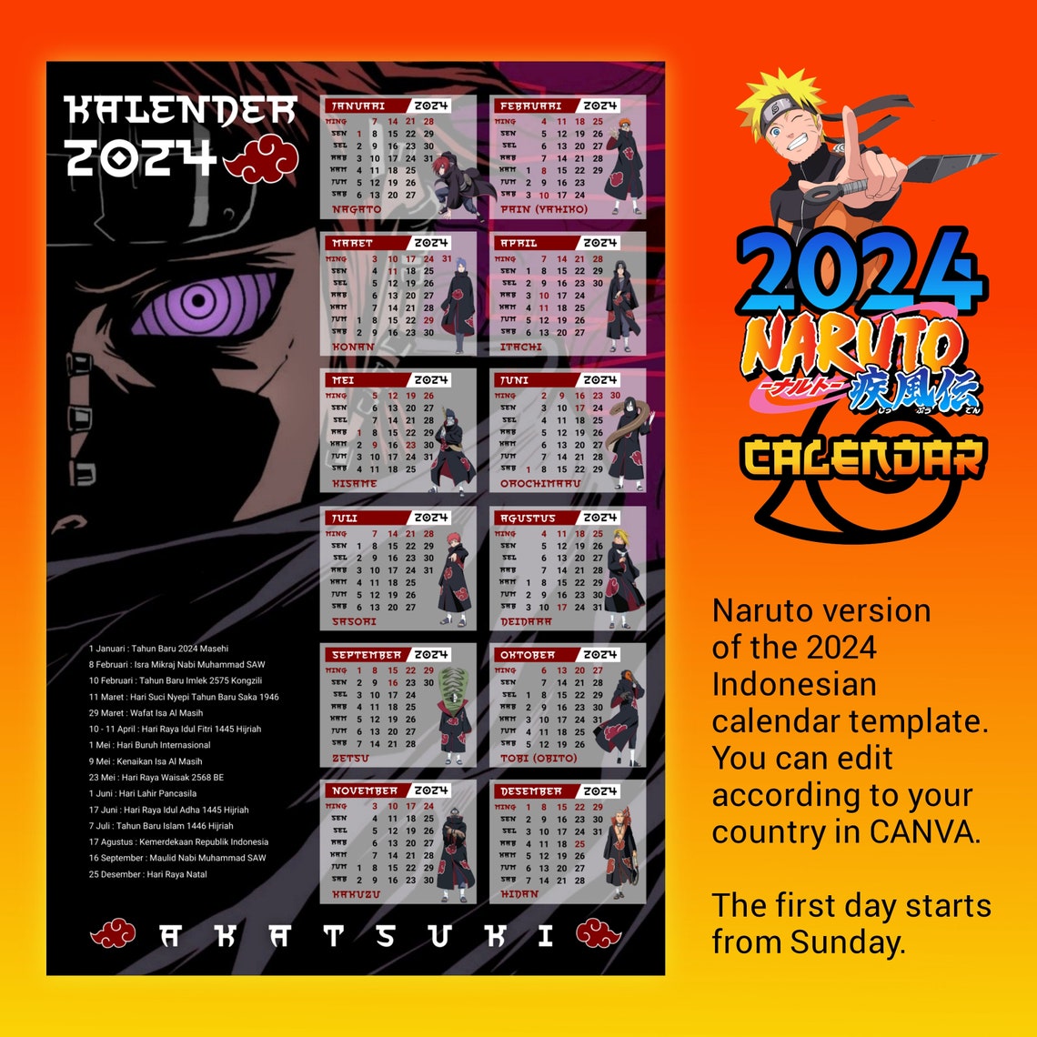 2024 Indonesian Calendar Template Naruto Edition Akatsuki - Etsy