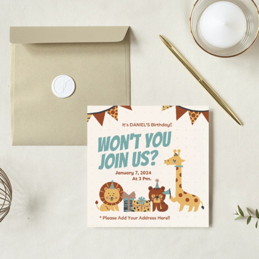 Cartoon Cute Animals Birthday Invitation, Square Birthday Invitation ...