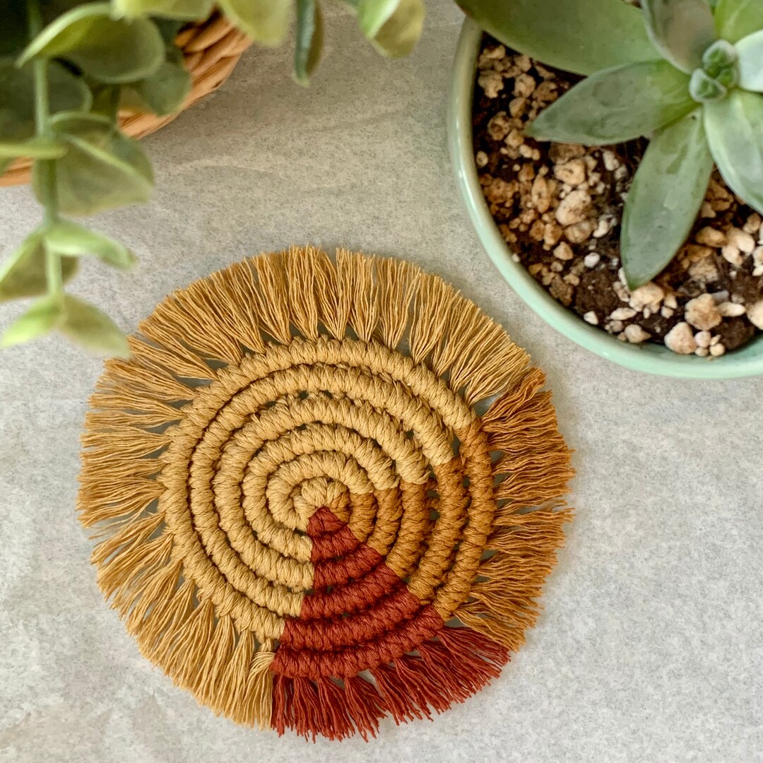 Two-toned Colorblock Macramé Coaster | Latte, Mustard, and Burnt Orange ...