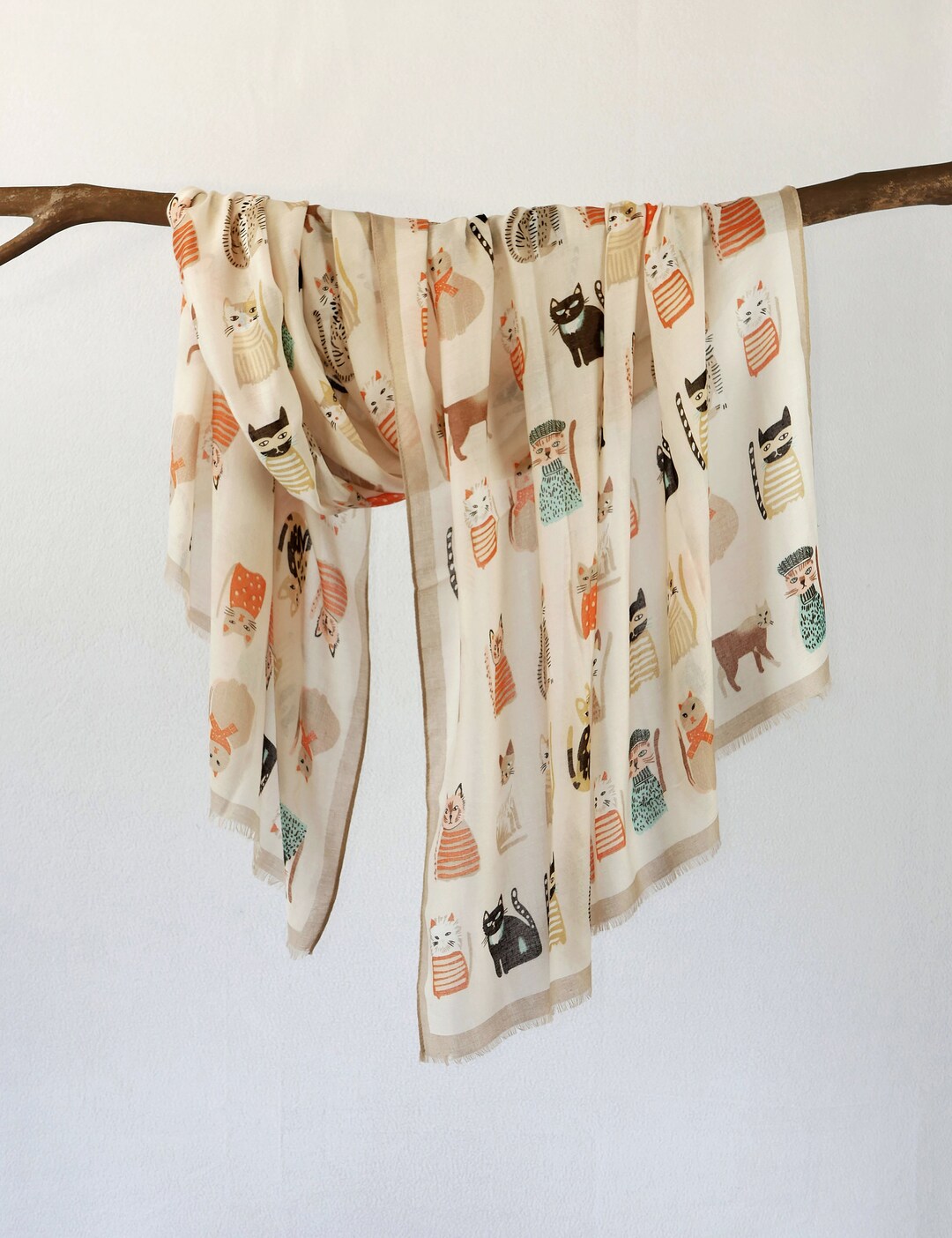Khaki off White Scarf for Cat Lovers, Unisex Kitty Scarves Personalized ...