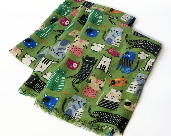 Green Raw Edge Cat Scarf, Unisex Kitty Scarves Personalized Initial ...