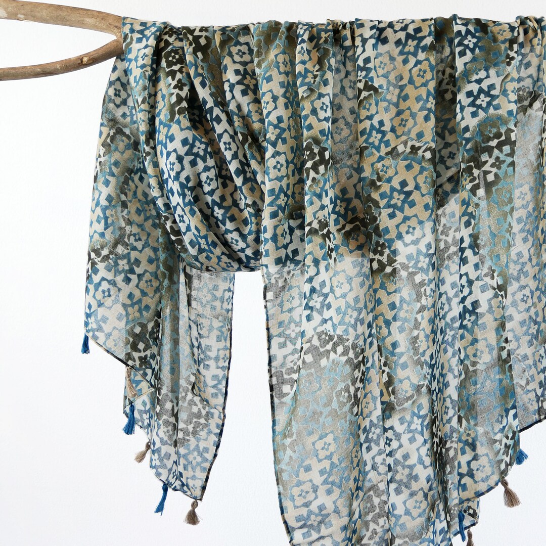 Blue Khaki Abstract Pattern Shawl Earthy Woman Scarves Spring Wrap Birthday Gift for Mon 73x33 ...