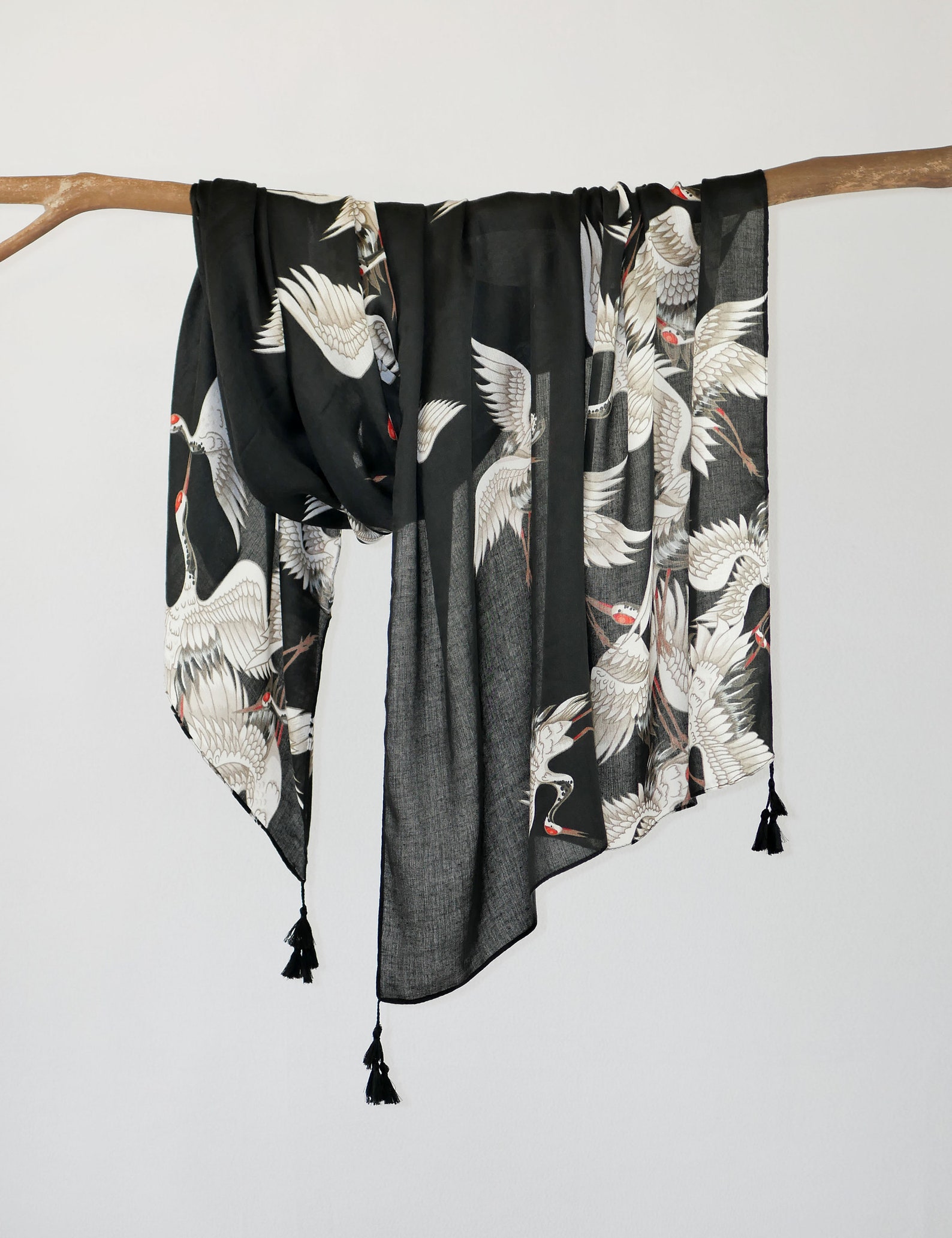 Black and White Japanese Crane Autumn Scarf Asian Inspired Tassel Shawl ...