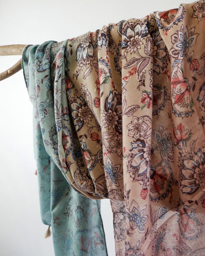 Pastel Pink Blue Floral Shawl Botanical Woman Scarf Two Tone Gradient ...