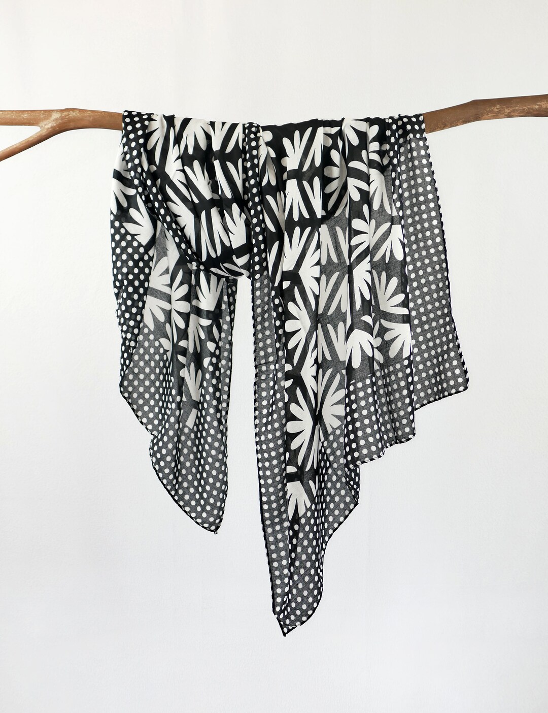 Black and White Floral Polka Dot Woman Scarf Boho Autumn Flower Shawl ...