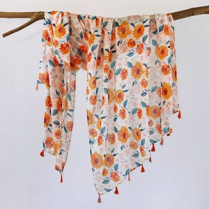 Orange Floral Autumn Scarf Boho Botanical Tassel Shawl Fall Wrap ...