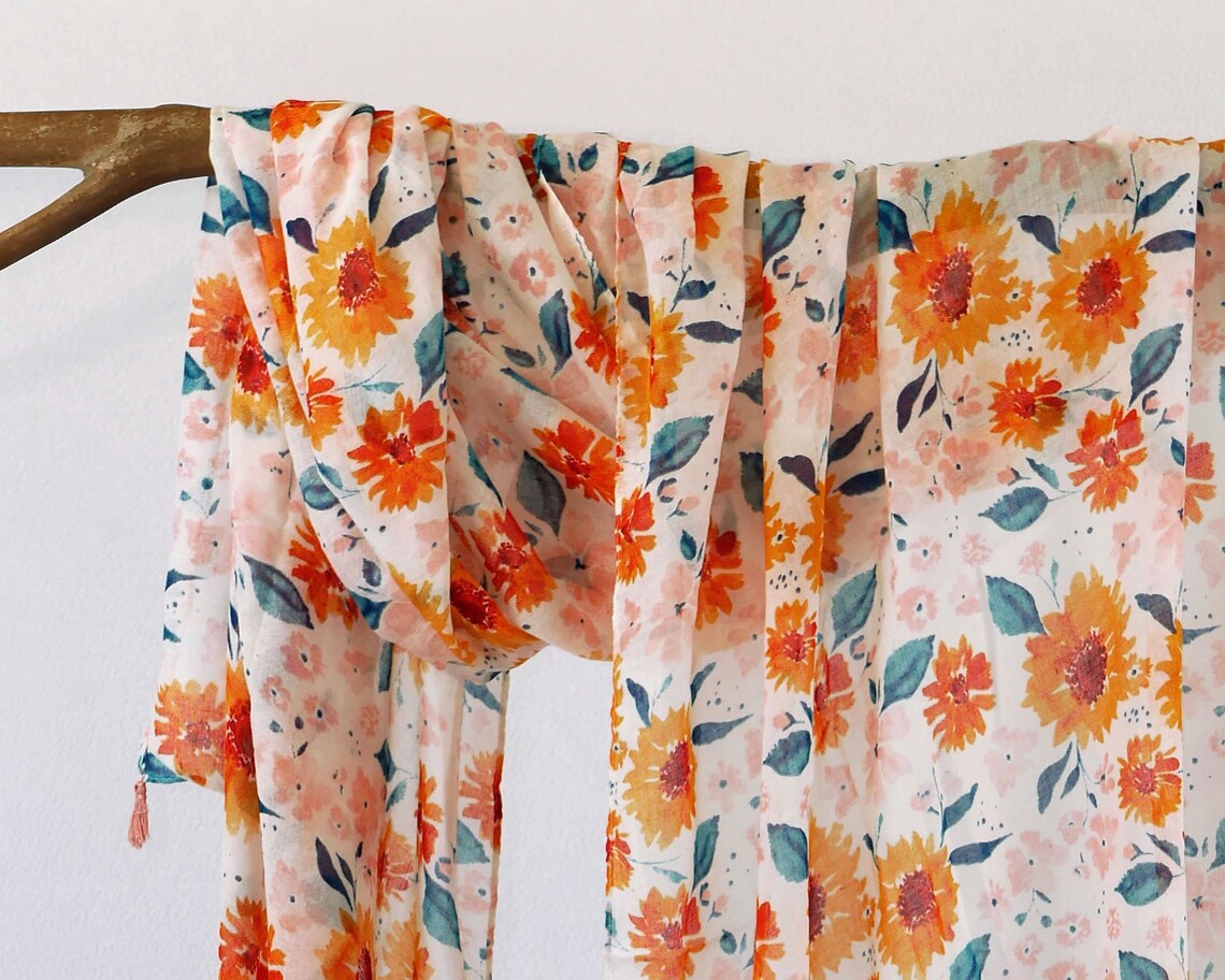 Orange Floral Autumn Scarf Boho Botanical Tassel Shawl Fall Wrap ...