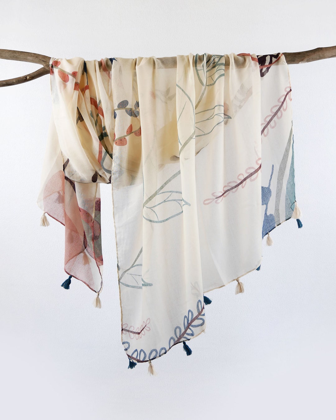 Japanese Inspired Cherry Blossom Floral Scarf Peach Pink Tassel Floral ...
