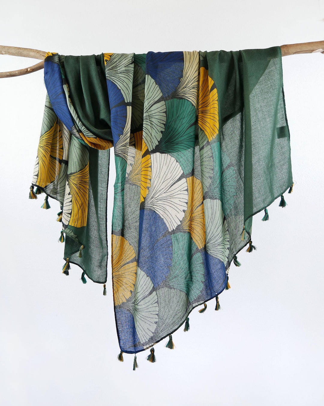 Green Ginkgo Leaves Woman Scarf Boho Botanical Tassel Shawl Long Scarf ...