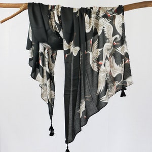 Black and White Japanese Crane Autumn Scarf Asian Inspired Tassel Shawl ...