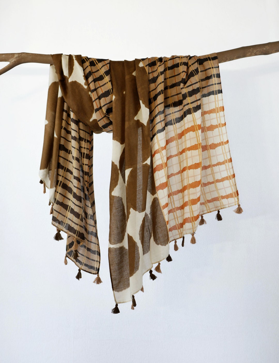 Earthy Brown Abstract Watercolor Unisex Scarf Asian Inspired Zen Tassel ...