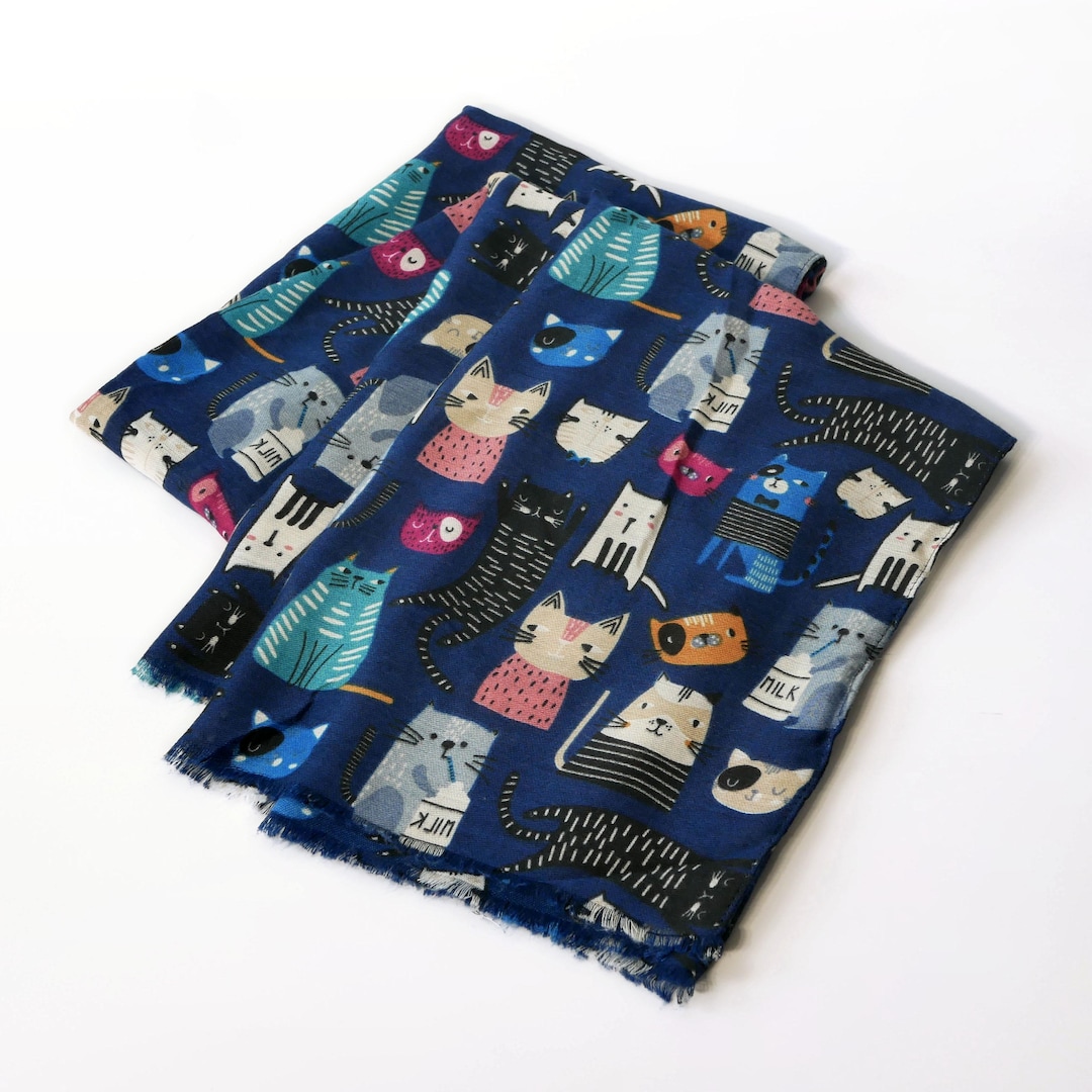 Raw Edge Navy Blue Cats Scarf, Unisex Kitty Scarves Birthday Fathers ...