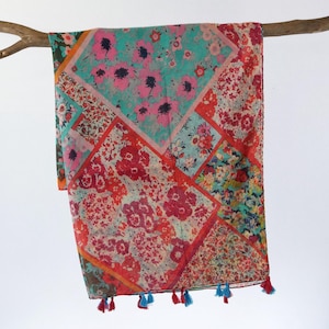 Turquoise Red Floral Woman Scarf Exotic Lightweight Bohemian Tassels ...
