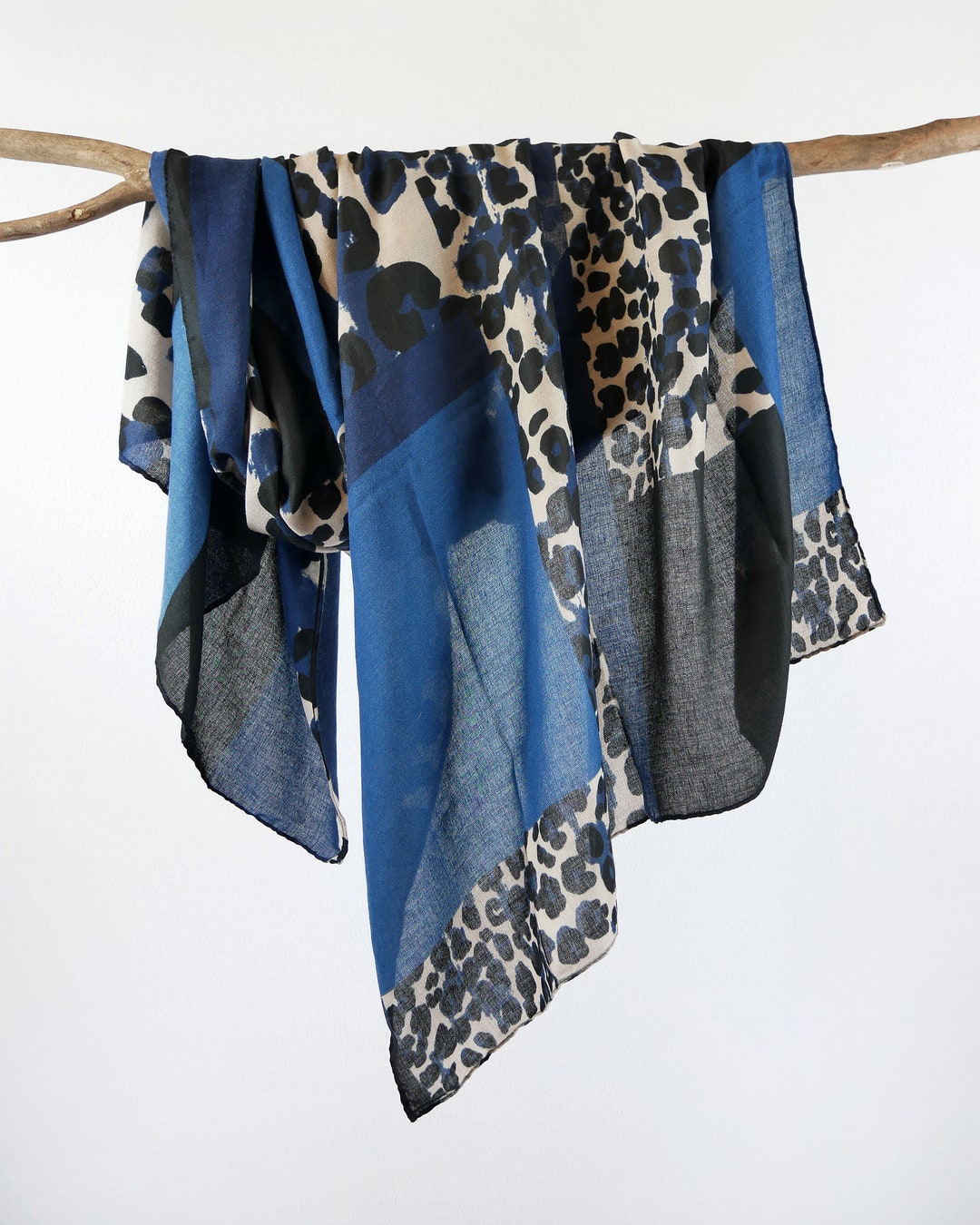 Navy Blue Black Cheetah Leopard Print Scarf Raw Edge Animal Shawl ...