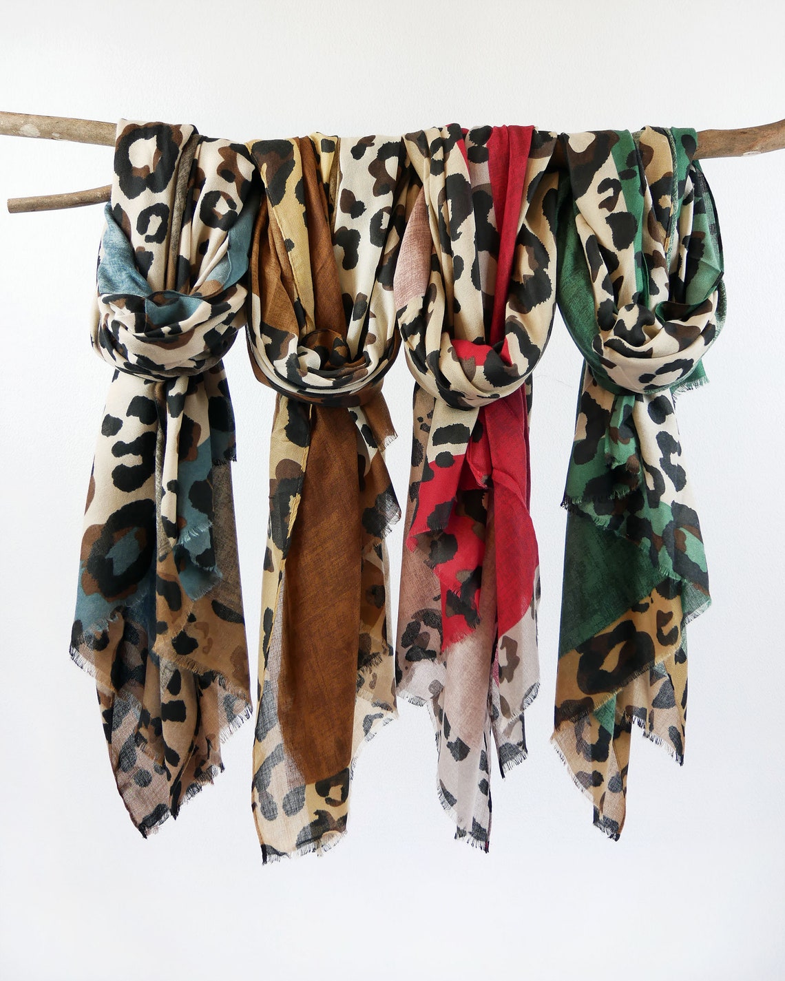 Green Offwhite Cheetah Leopard Scarf Animal Print Raw Edge Shawl Unisex ...