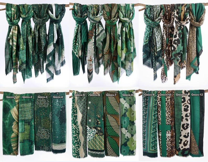 Green Print Woman Scarf Cotton Feel Autumn Shawl Gift for Mom Sis Wife ...