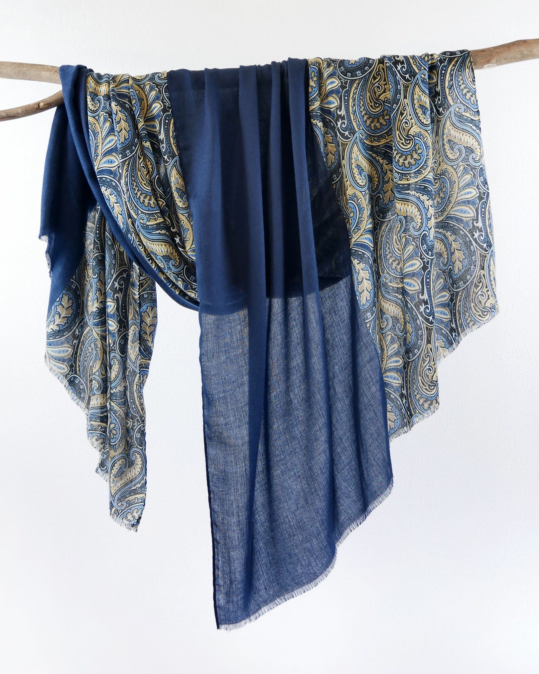 Navy Blue Beige Paisley Raw Edge Unisex Scarf Cotton Feel Two-tone Men ...