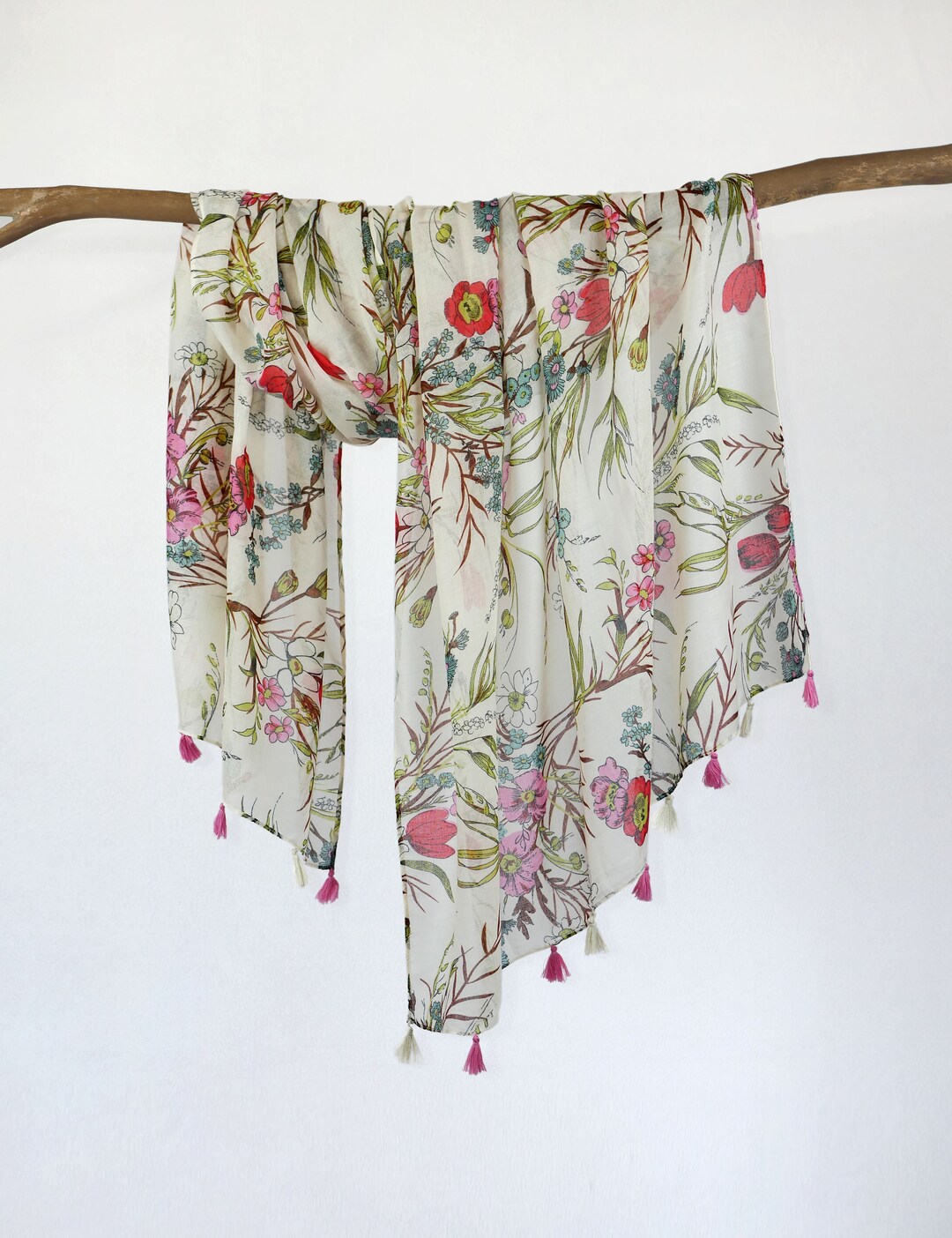 Floral Woman Scarf Botanical Garden Tassel Wrap Birthday Mothers Day ...