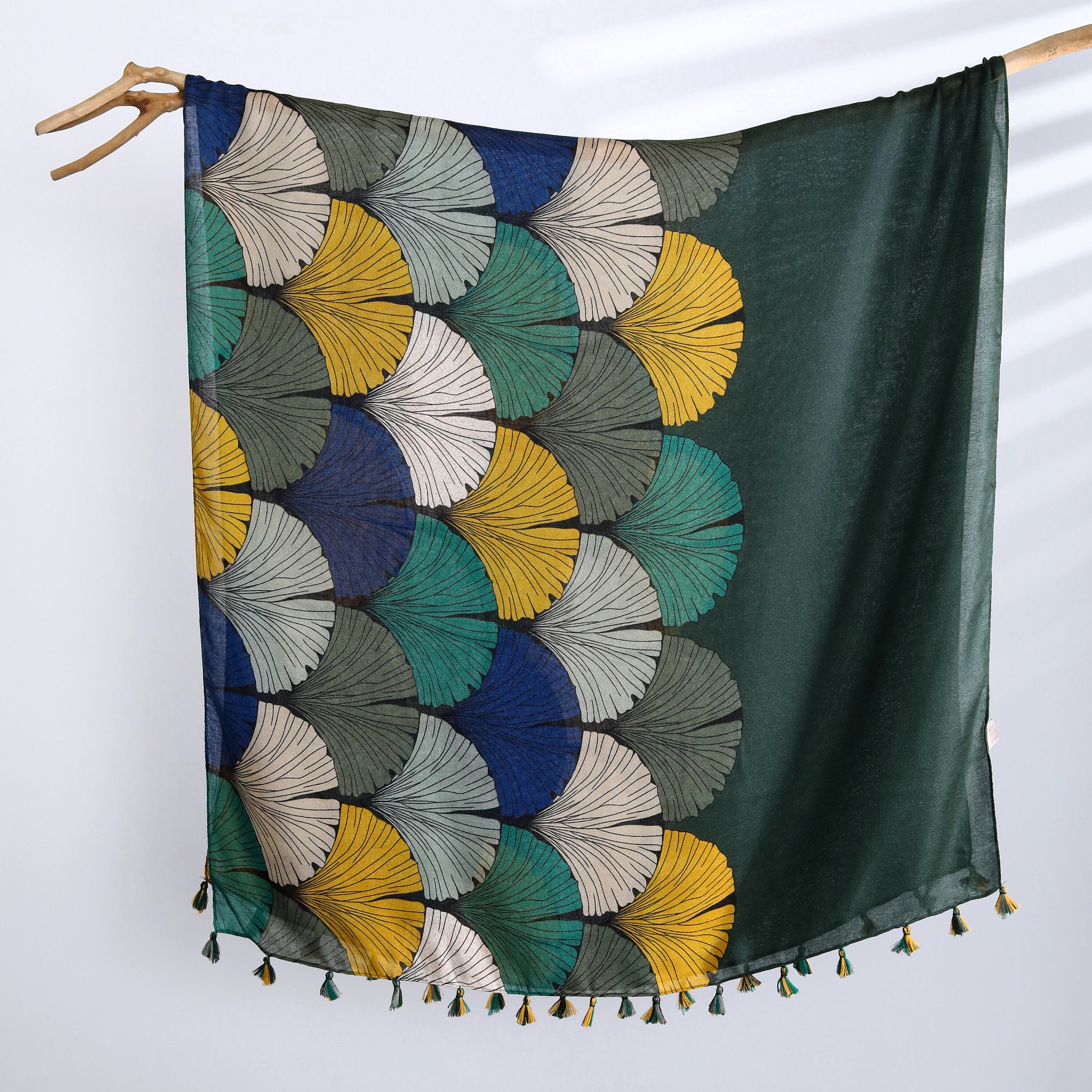 Green Ginkgo Leaves Woman Scarf Boho Botanical Tassel Shawl Long Scarf ...