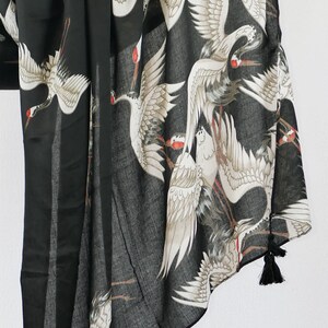 Black and White Japanese Crane Autumn Scarf Asian Inspired Tassel Shawl ...