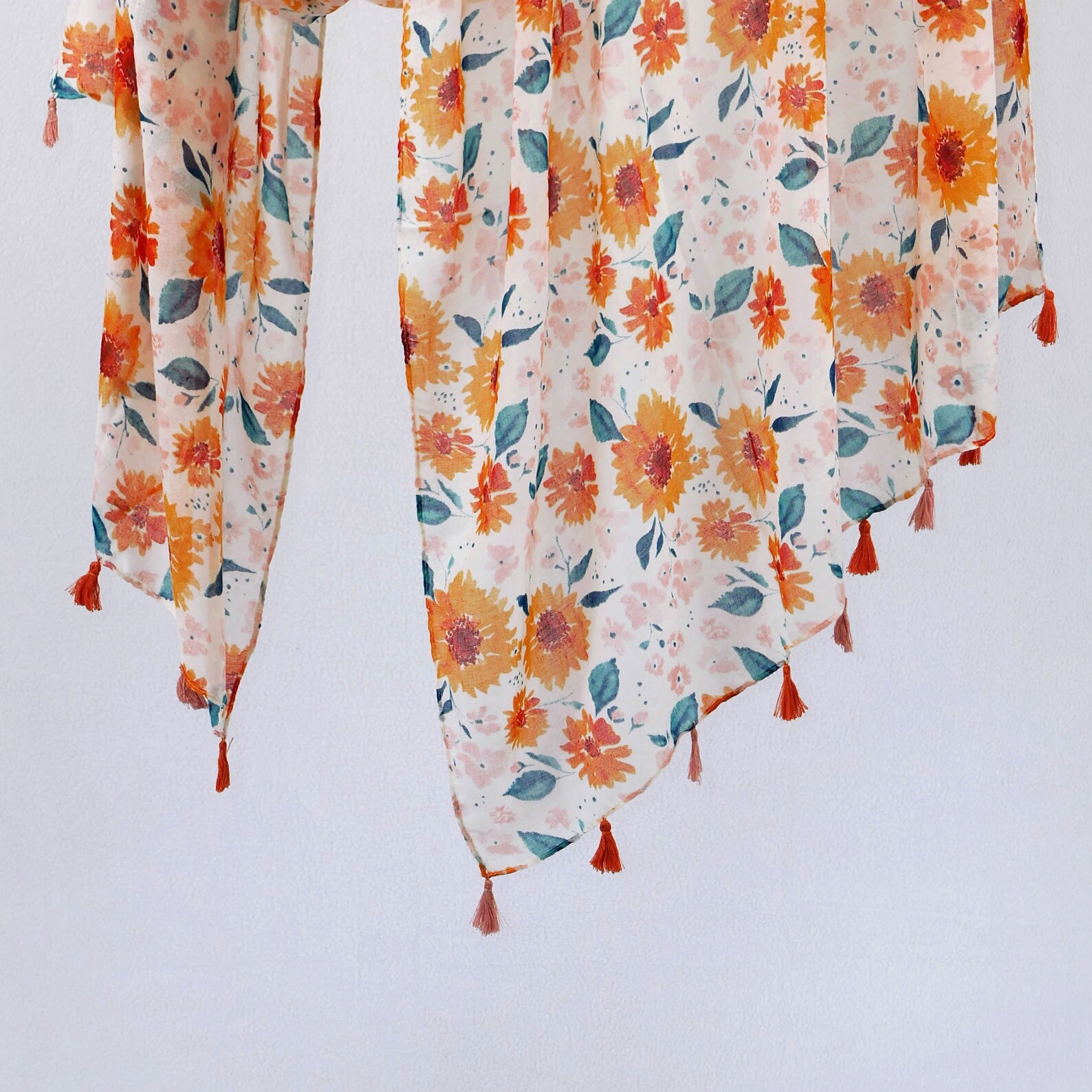 Orange Floral Autumn Scarf Boho Botanical Tassel Shawl Fall Wrap ...