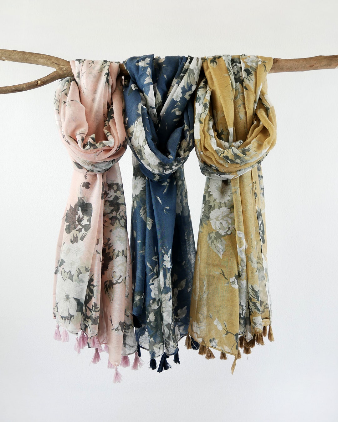 White Floral Pink Navy Blue Buff Tan Voile Scarf Boho Tassel Shawl ...