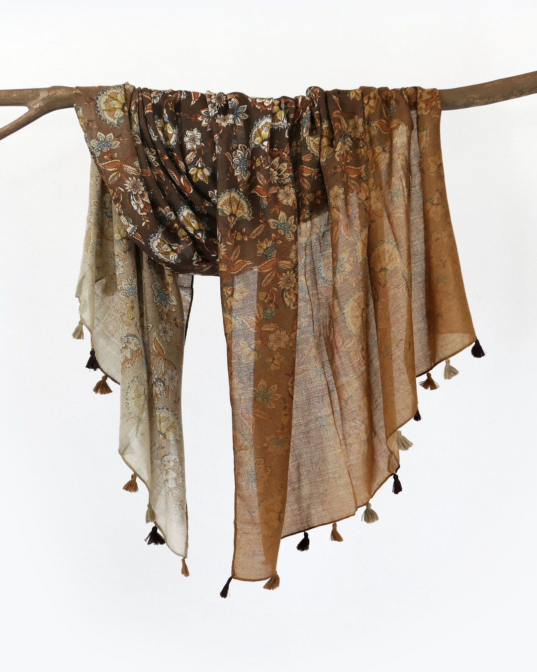 Brown Floral Autumn Shawl Earthy Boho Woman Scarf Botanical Wrap Gift ...