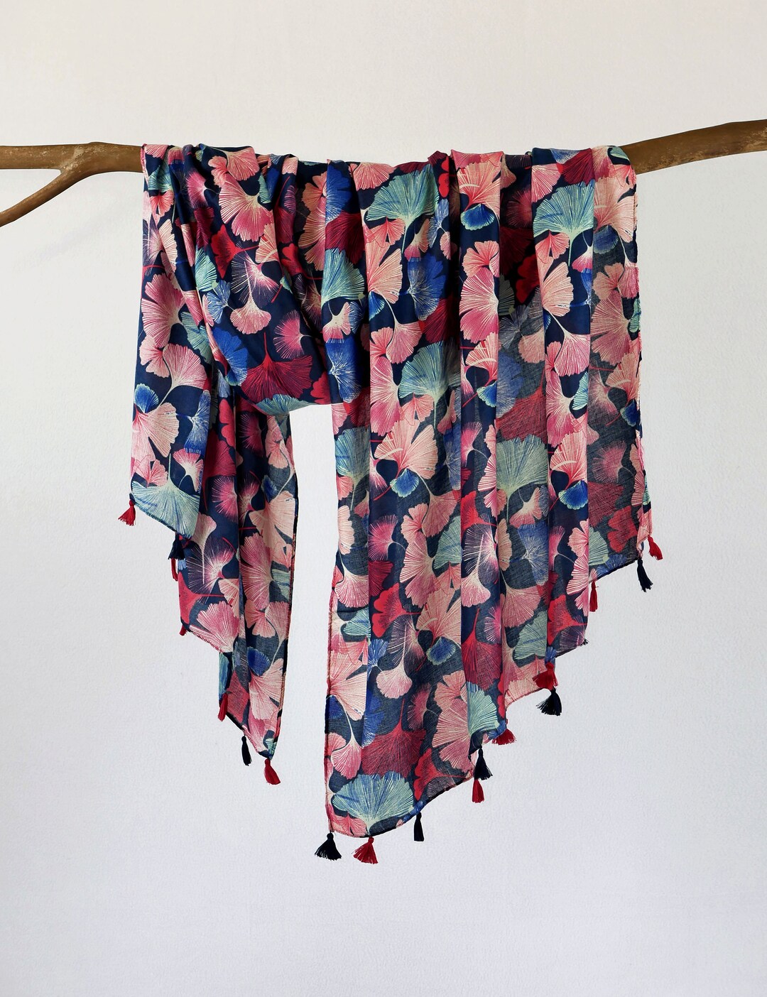 Colorful Ginkgo Leaves Autumn Scarf Boho Botanical Tassel Shawl Fall ...