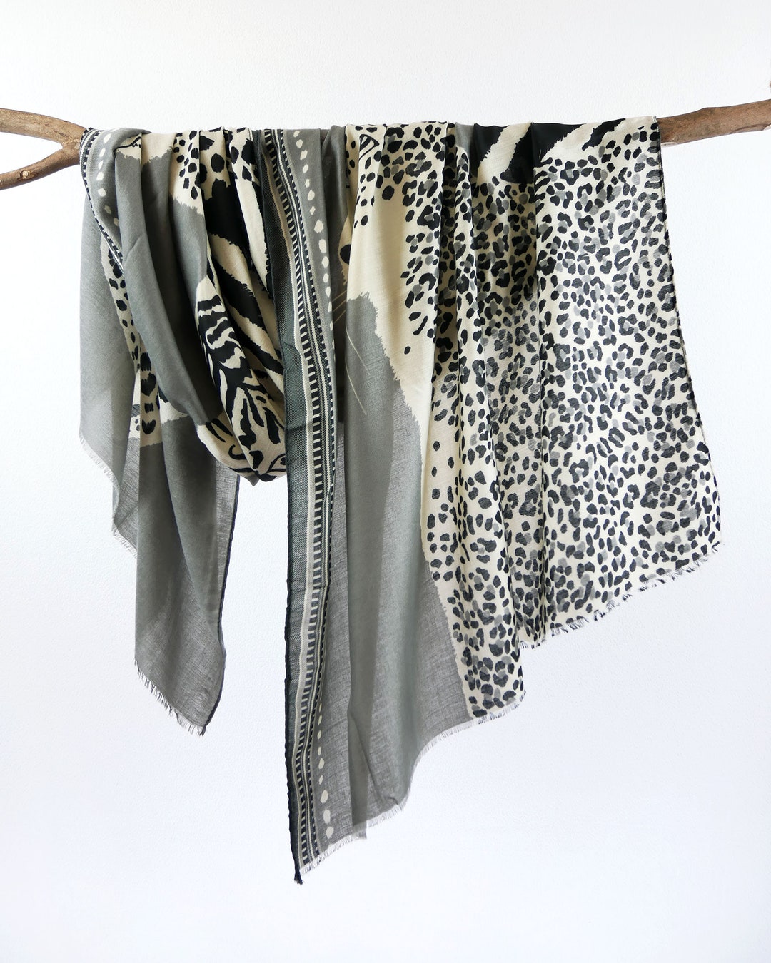 Cheetah Leopard Woman Scarf Raw Gray Gold Tan Green Animal Print Shawl ...