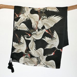 Black and White Japanese Crane Autumn Scarf Asian Inspired Tassel Shawl ...