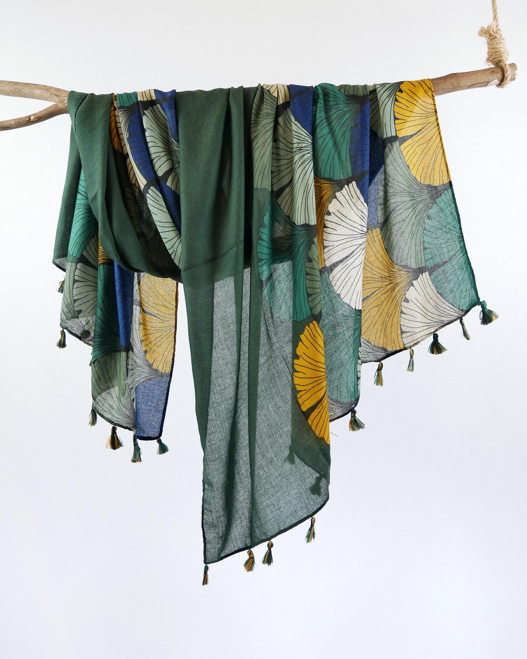 Green Ginkgo Leaves Woman Scarf Boho Botanical Tassel Shawl Long Scarf ...