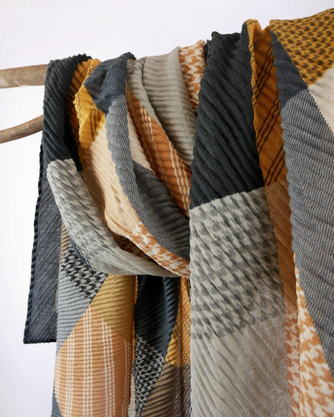 Brown Mustard Yellow Black Plaid Crinkle Hijab Autumn Neck Wrap ...
