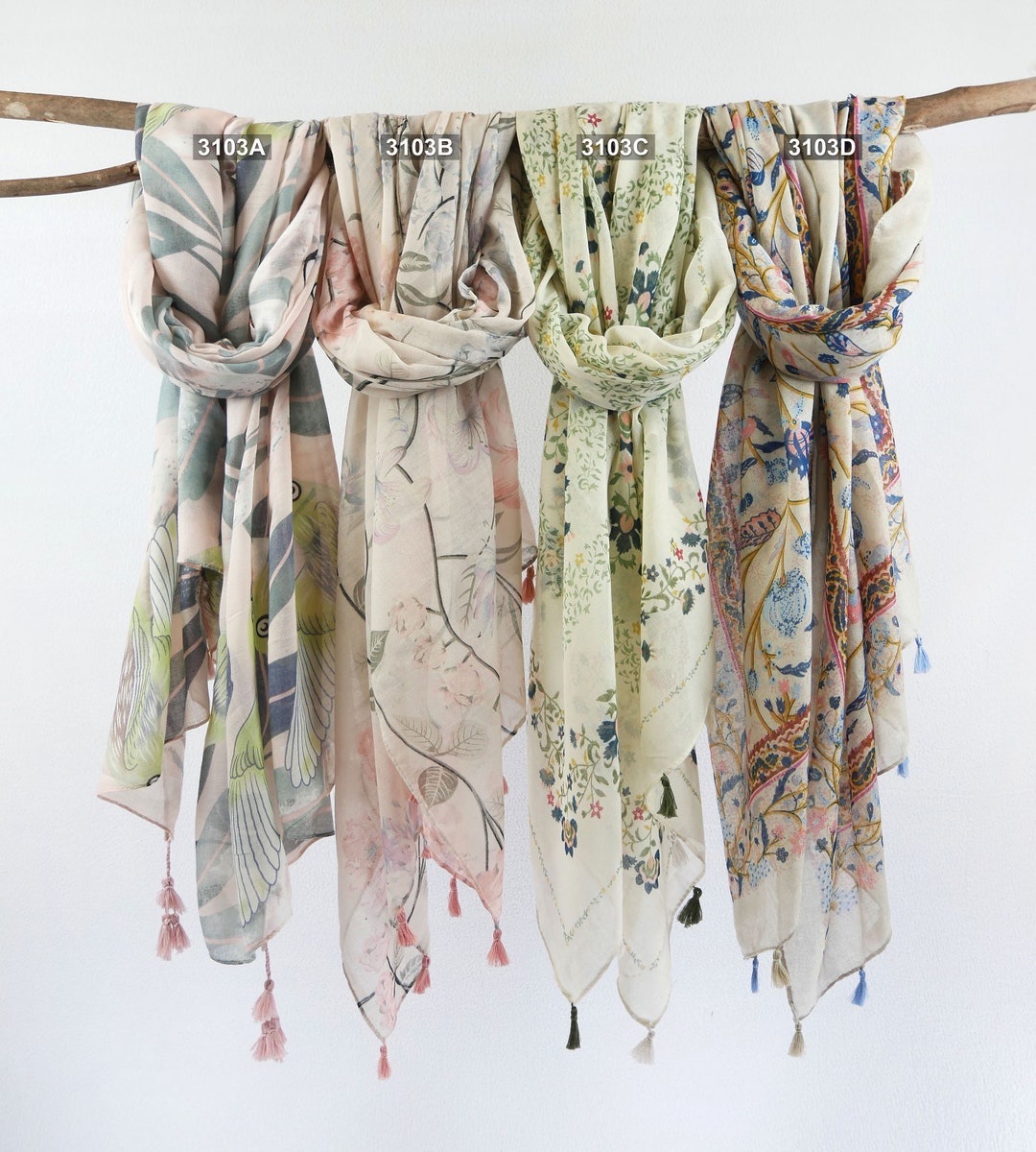 Green Pink Spring Floral Woman Scarf Boho Tassel Botanical Flower Shawl ...