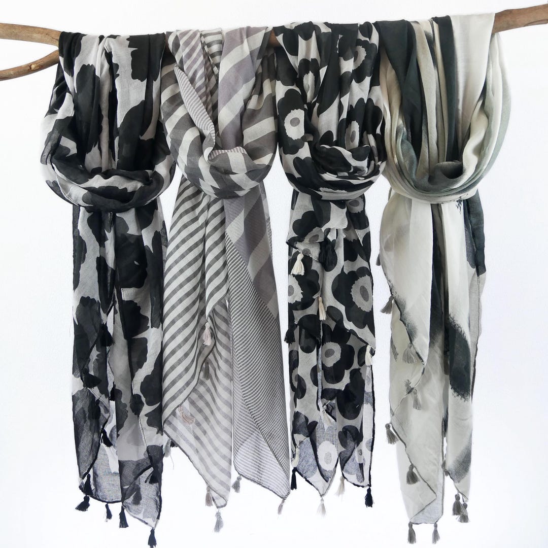 Black and White Woman Scarf Tassel Shawl Mothers Day Birthday Gift for ...