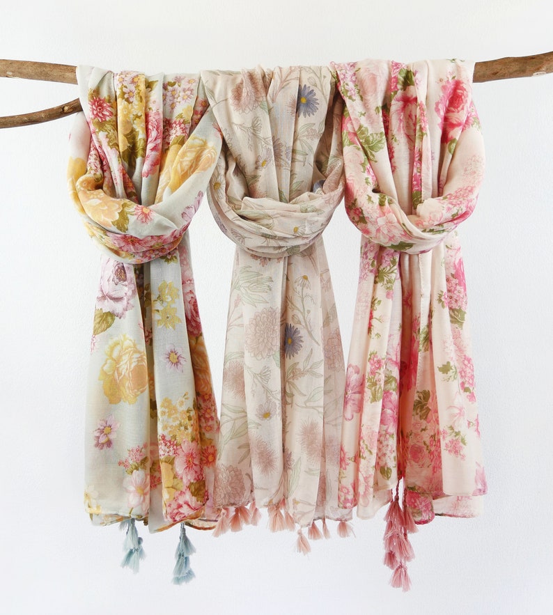Pink Floral Woman Botanical Scarf Boho Tassel Shawl Pastel Botanical ...