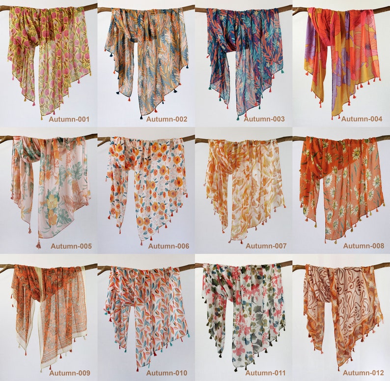 Orange Floral Autumn Scarf Boho Botanical Tassel Shawl Fall Wrap ...
