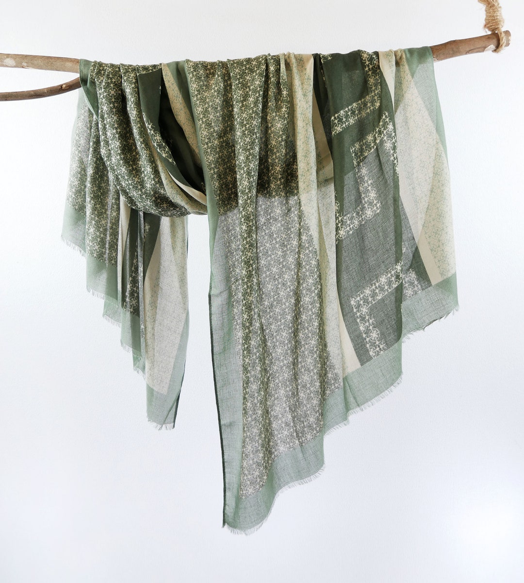 Light Sage Raw Edge Unisex Pattern Scarves Middle Weight Fashion Shawl ...