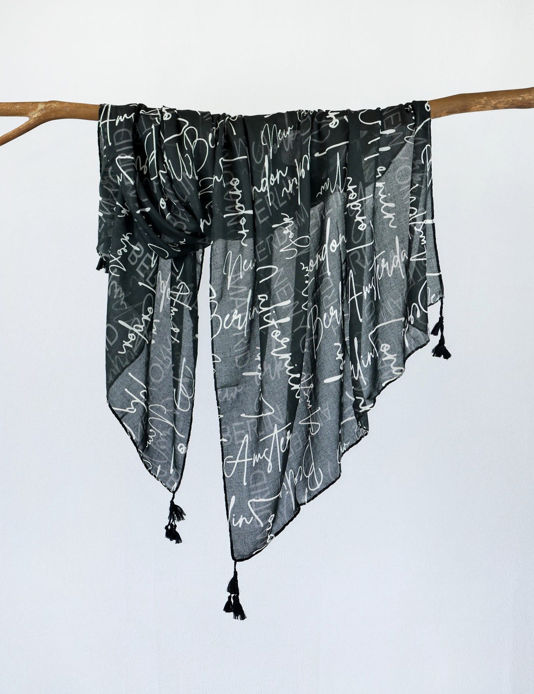 Black and White Calligraphy Unisex Scarf Extra Thin Boho Tassel Shawl ...