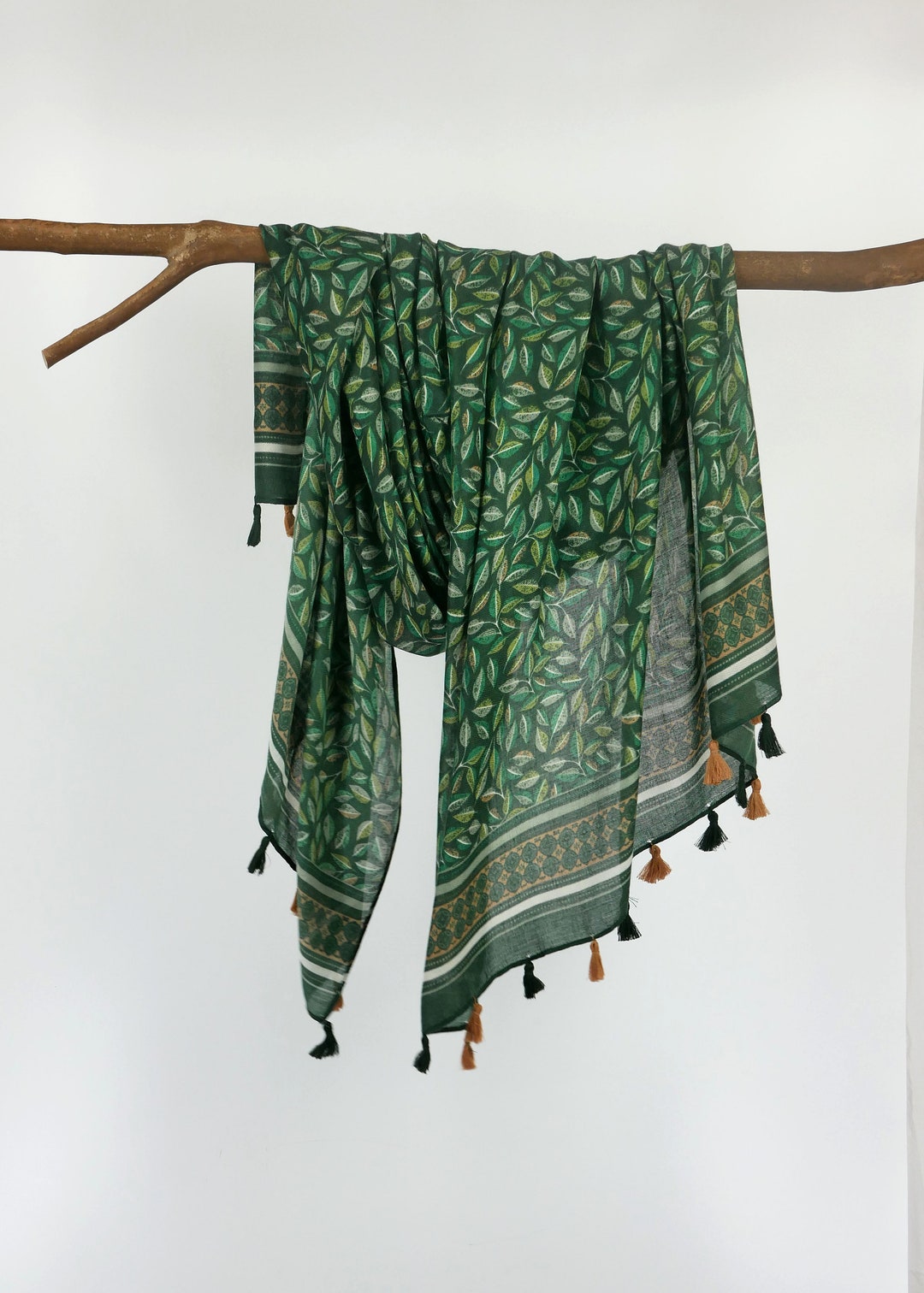 Green Leaves Soft Scarf for Nature Lover Botanical Boho Wrap Gift for ...