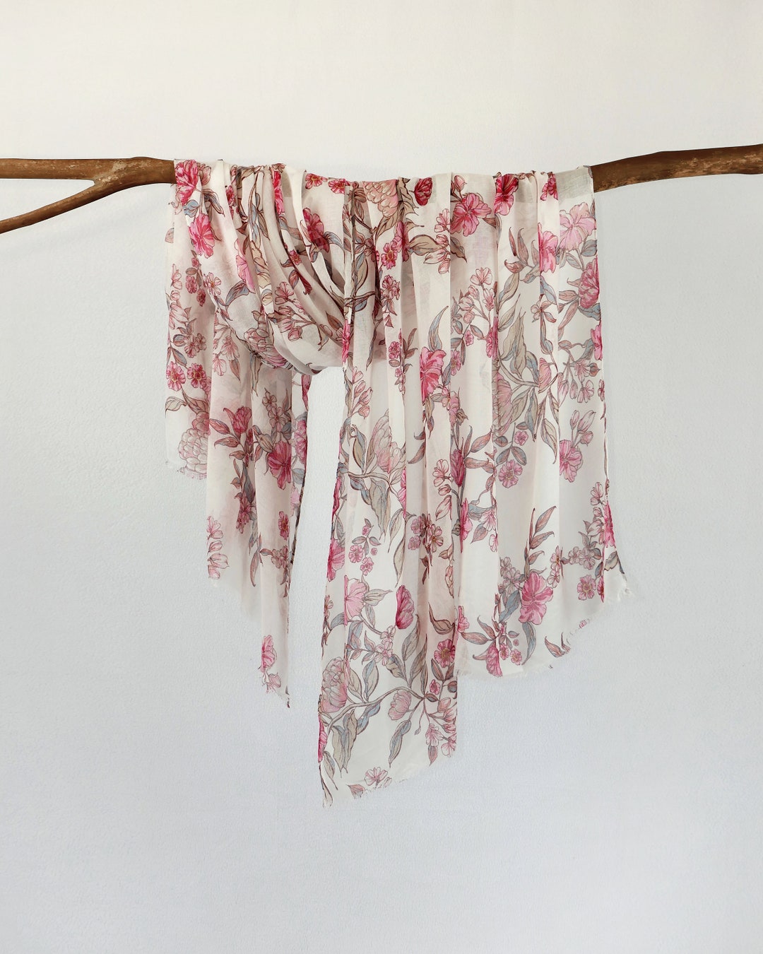 Pink Floral Botanical Woman Scarf Boho Flower Autumn Wrap Birthday Gift ...