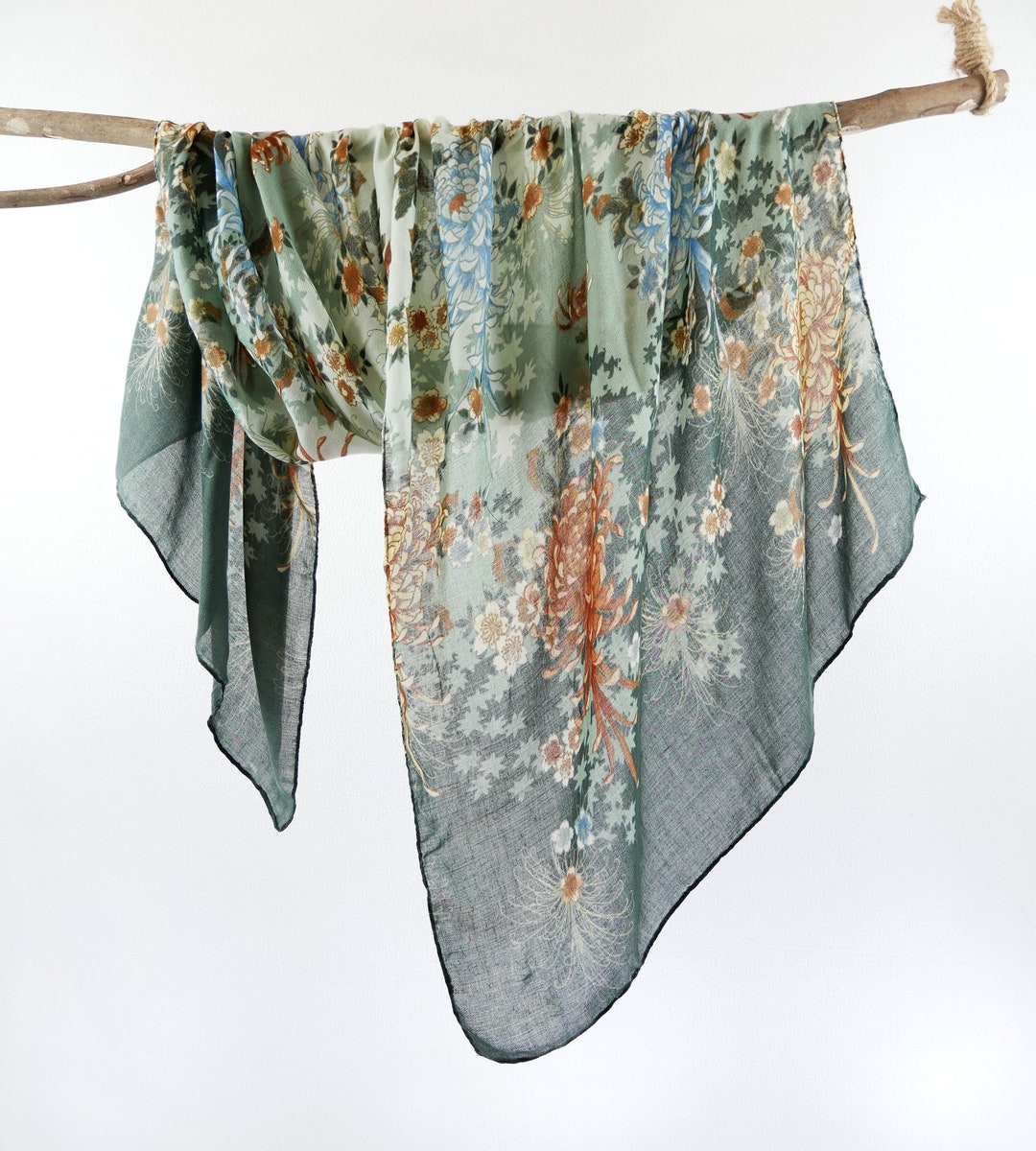 Chrysanthemum Autumn Floral Long Scarf Vintage Boho Botanical Flower ...