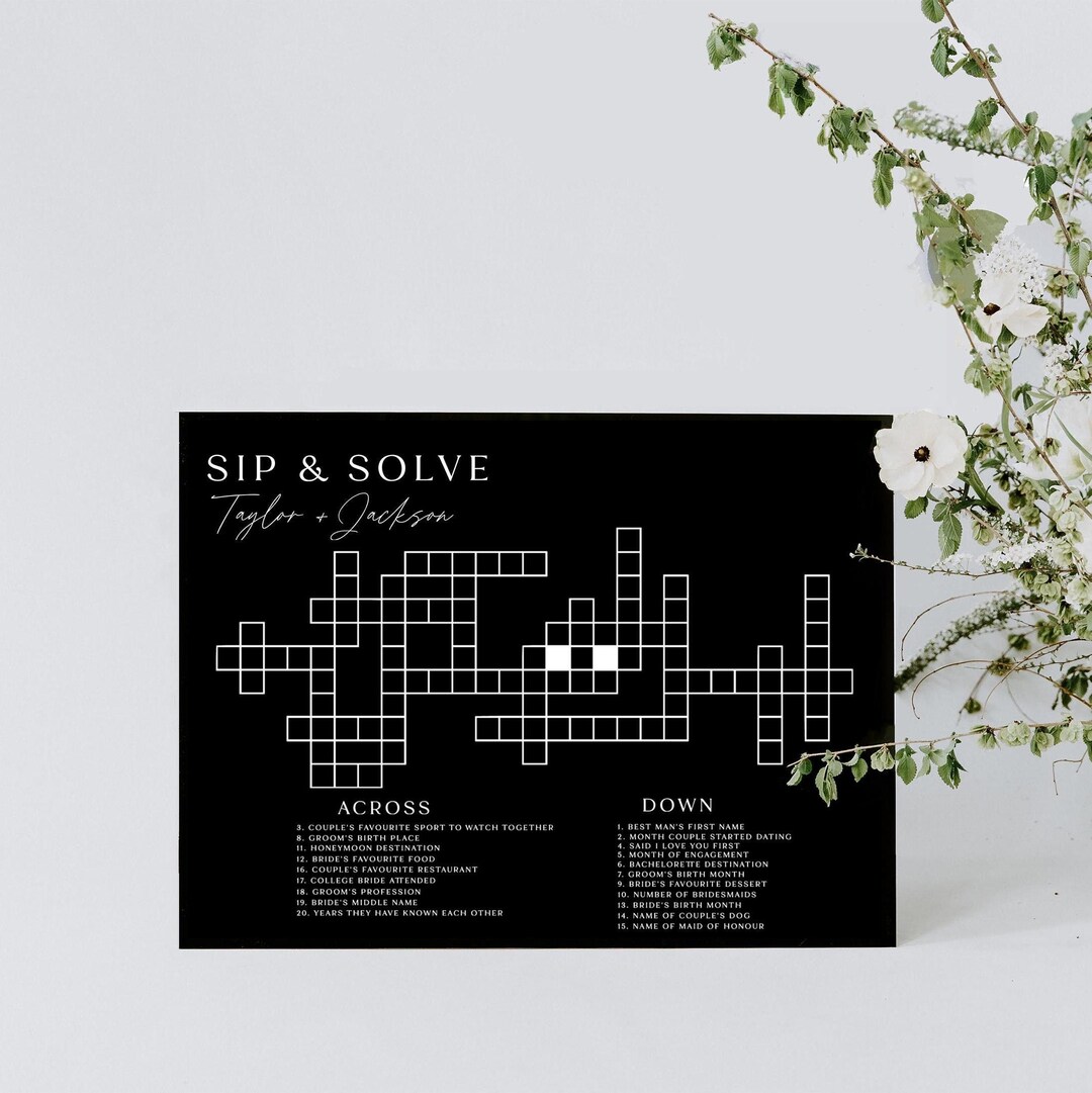 Custom Wedding Sip and Solve Crossword Sign, Minimalist Sip and Solve ...