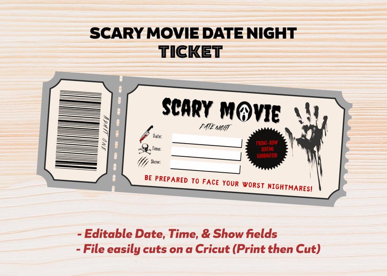 Editable Scary Movie Ticket for Date Night At-home Date Ideas, Fright ...