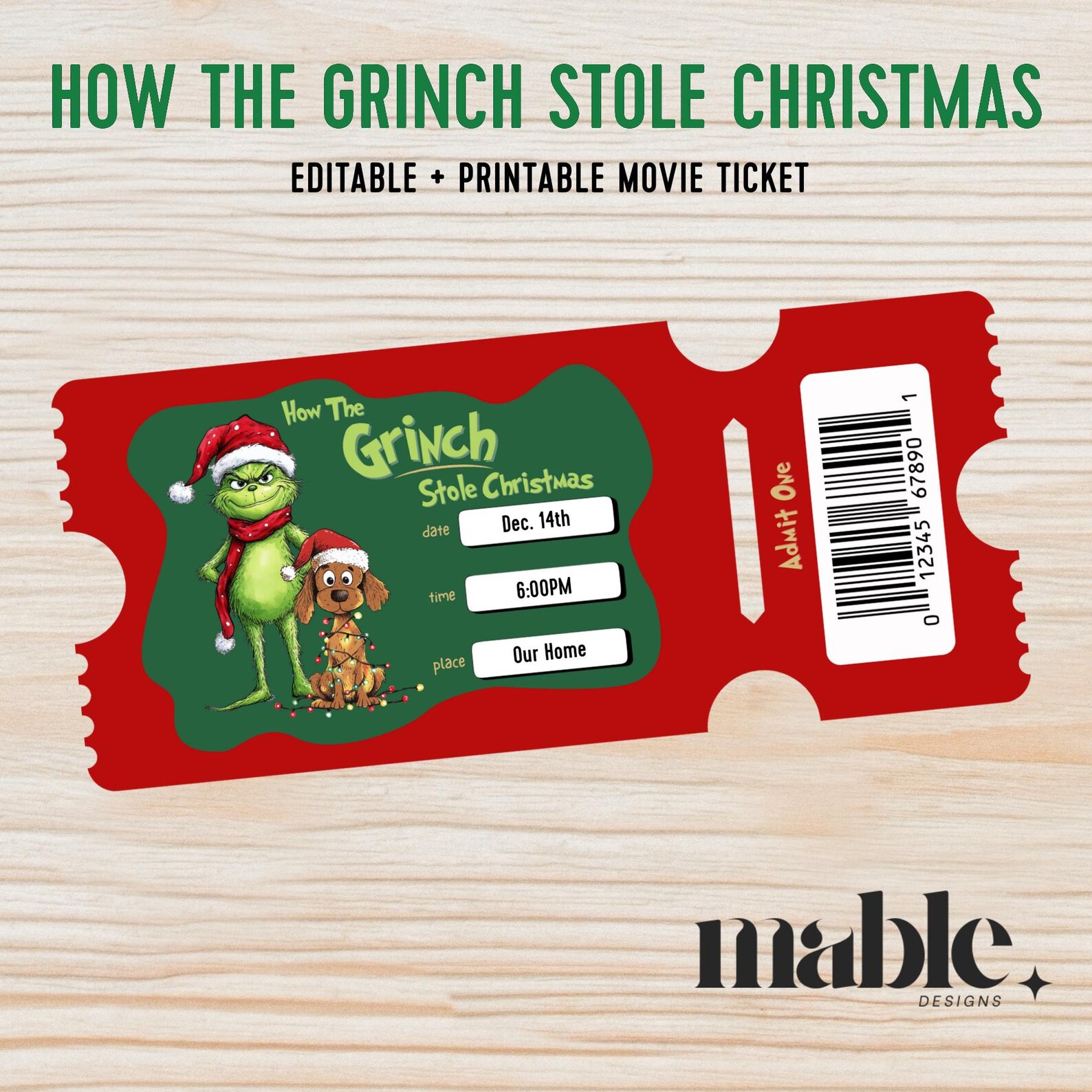 Editable How the Grinch Stole Christmas Movie Ticket | Instant Download ...