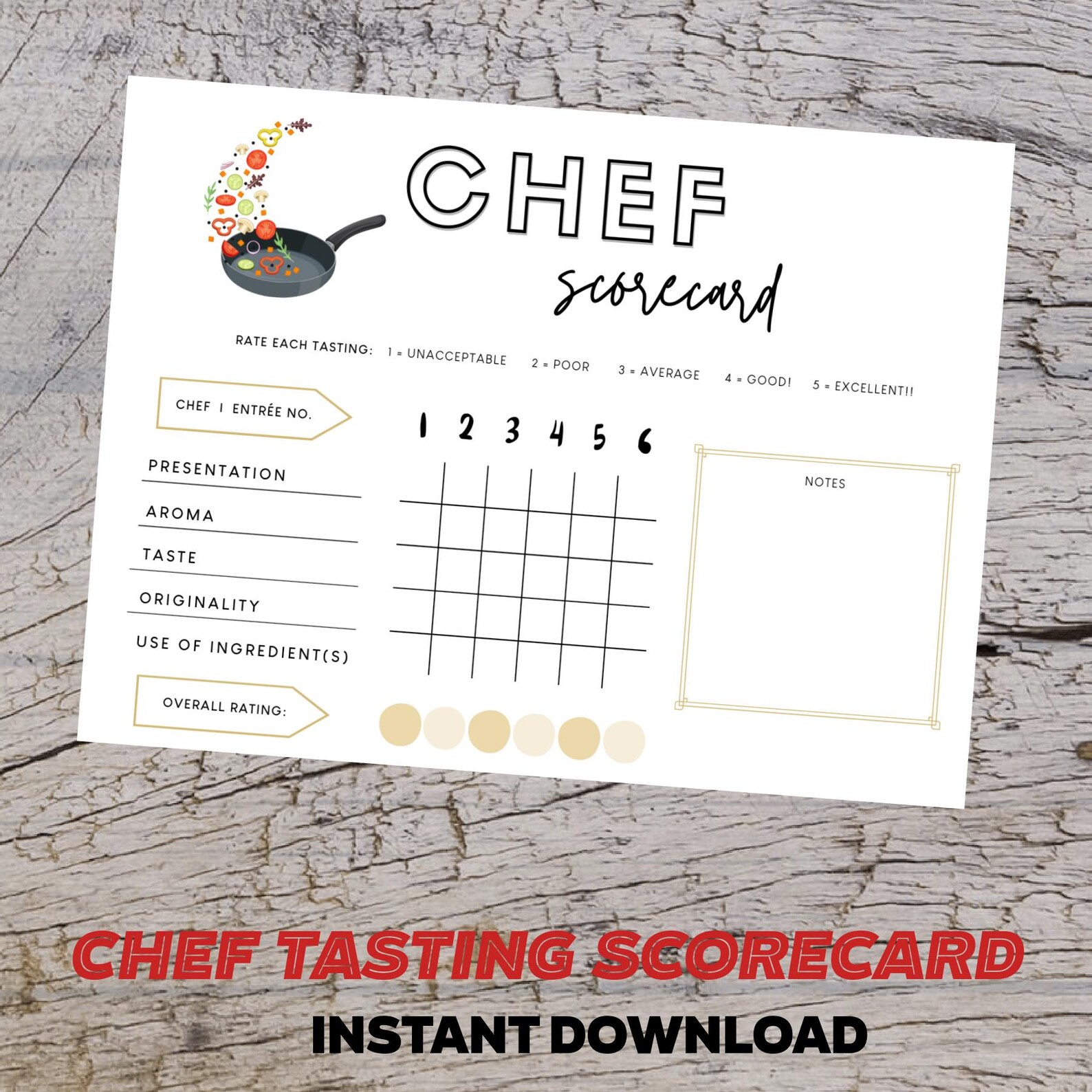 Chef Tasting Scorecard - 6 Competitors | Cooking Competition Printable ...