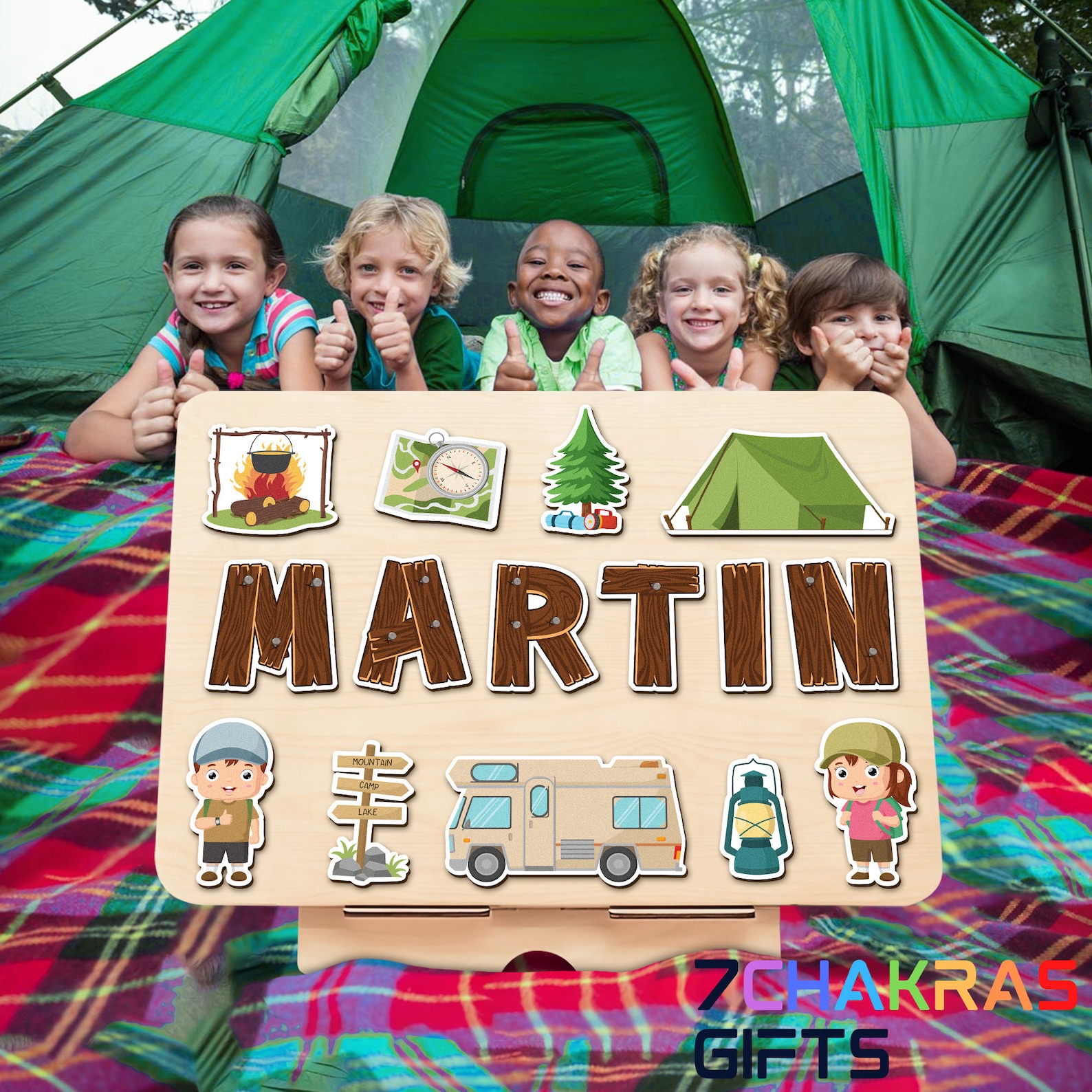 Camping Name Puzzle, Toddlers Montessori Gift, Personalized Name Puzzle ...