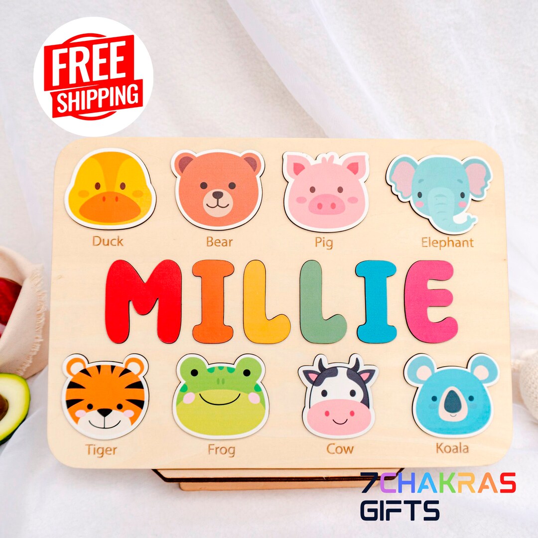 Animal Name Puzzle With Pegs, Wooden Toy, Woodland Animals, 1st ...