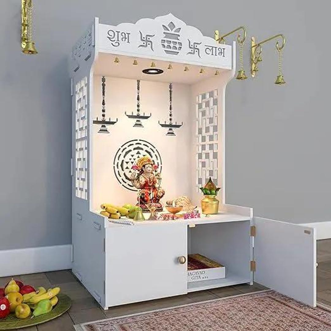 Wooden Floor Temple With Spacious Shelf Inbuilt Focus Light White Big ...