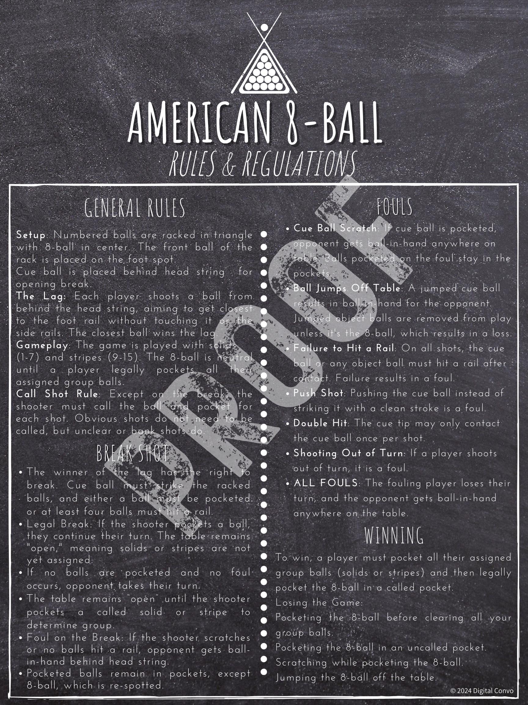 Billiards Pool Rules Poster - American 8-ball Pool Table Rules Wall Art ...